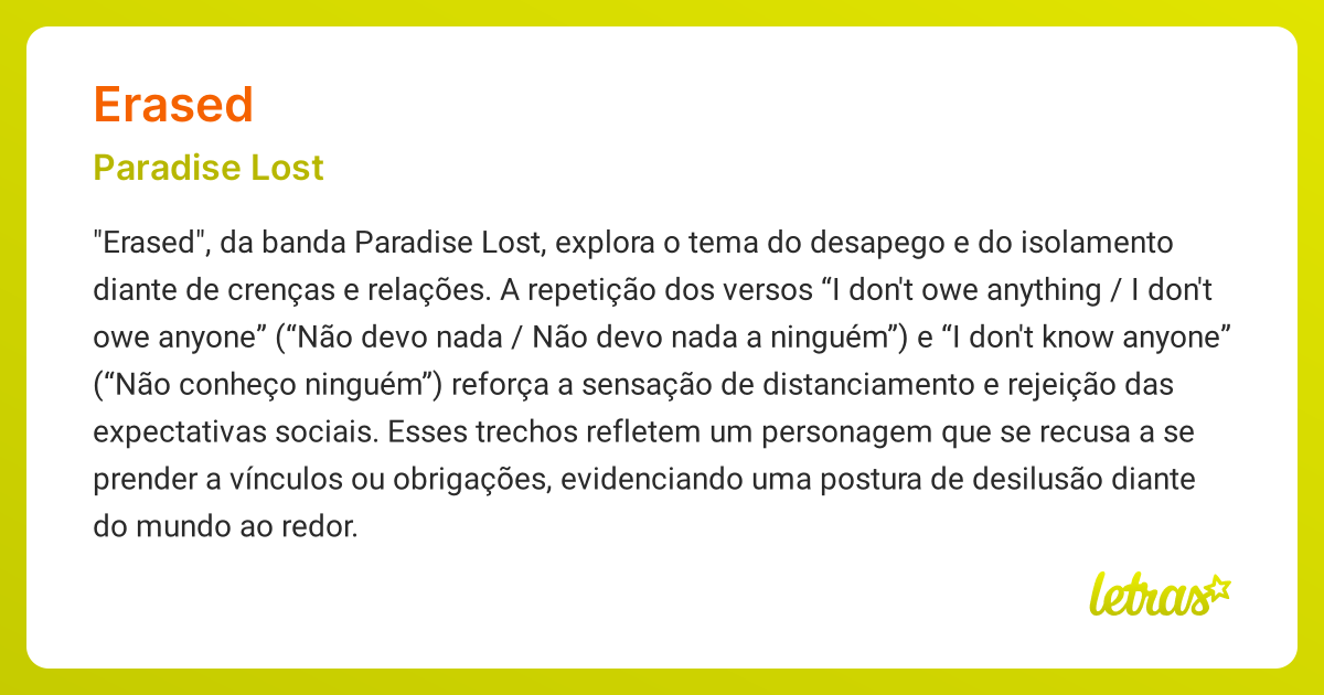 Significado da música ERASED (Paradise Lost) - LETRAS.MUS.BR