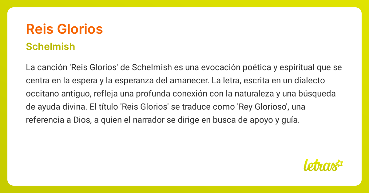 Significado de la canción REIS GLORIOS (Schelmish) - LETRAS.COM