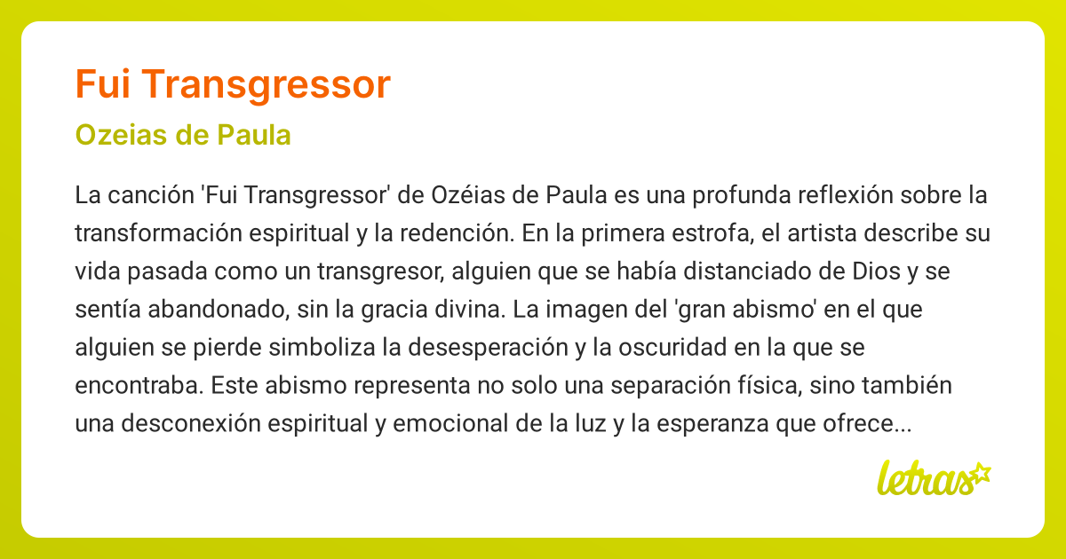 Significado de la canción FUI TRANSGRESSOR (Ozeias de Paula) - LETRAS.COM