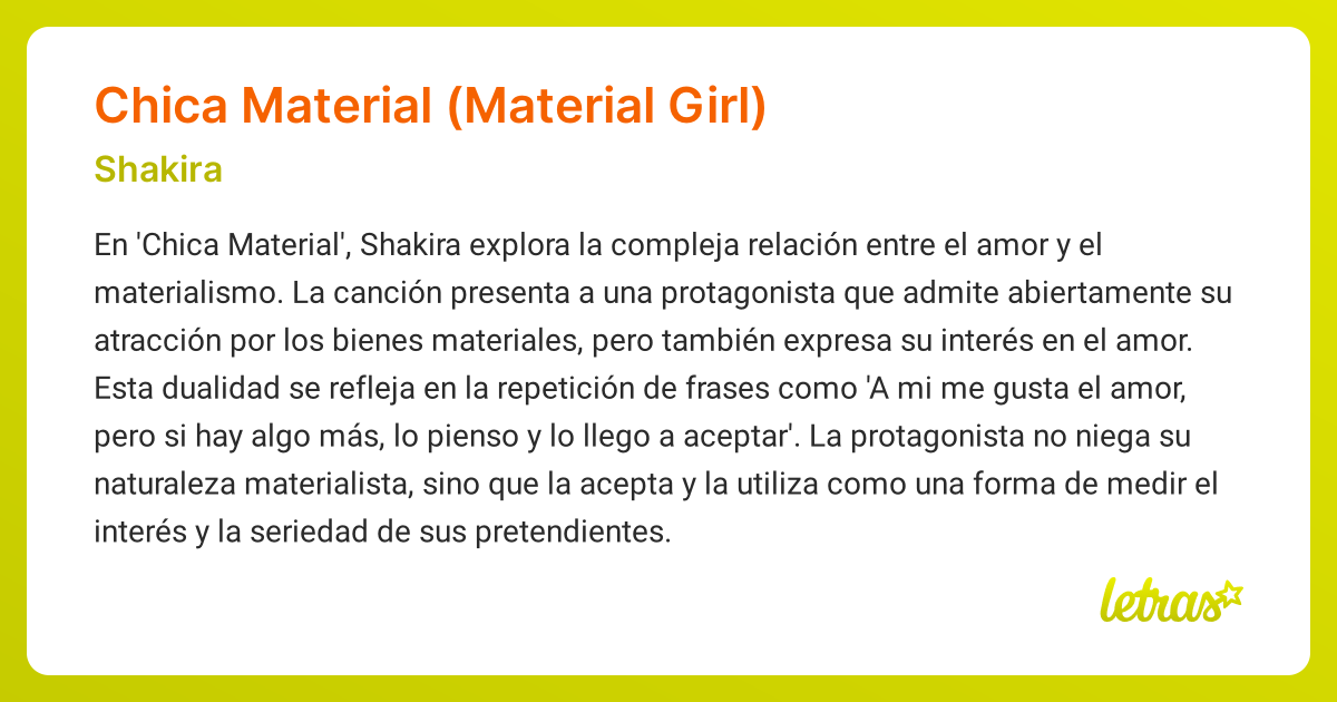 Significado de la canción CHICA MATERIAL (MATERIAL GIRL) (Shakira ...