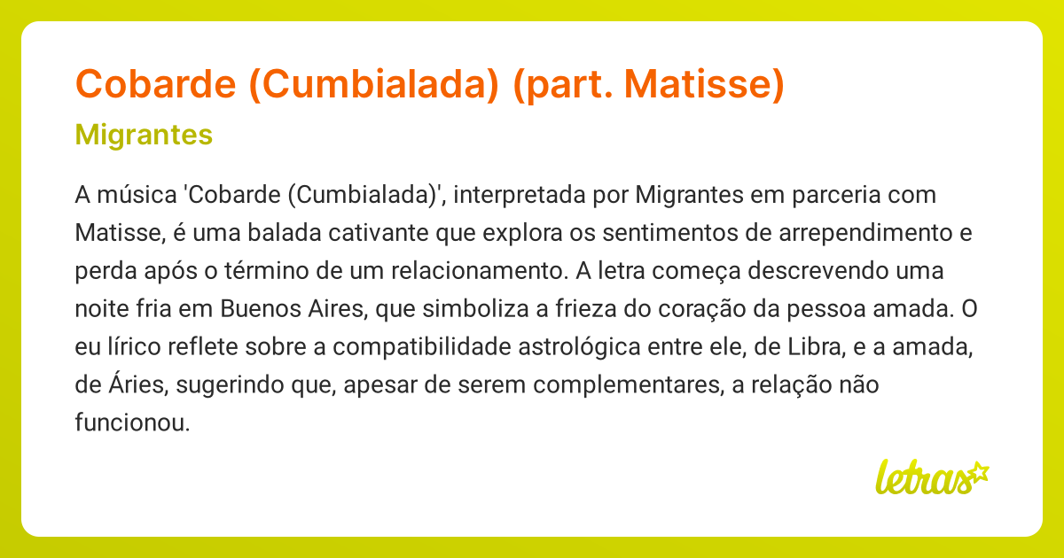 Significado da música Cobarde (Cumbialada) (part. Matisse) (Migrantes ...