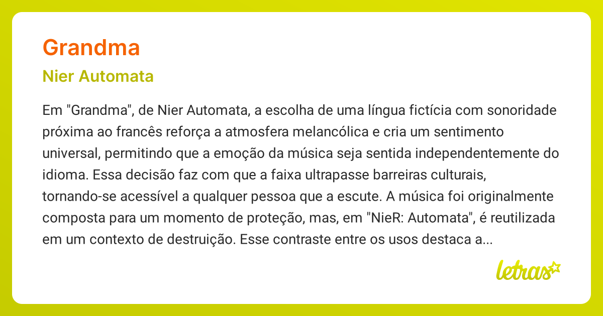 Significado da música GRANDMA (Nier Automata) - LETRAS.MUS.BR