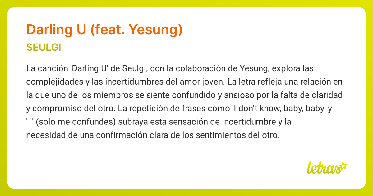 Significado de la canción DARLING U (FEAT. YESUNG) (SEULGI) - LETRAS.COM