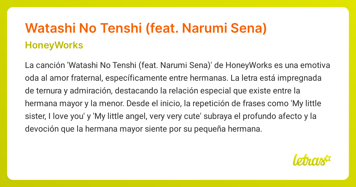 Significado de la canción Watashi No Tenshi (feat. Narumi Sena) (HoneyWorks) - LETRAS.COM