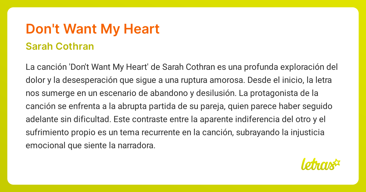 Significado de la canción DON'T WANT MY HEART (Sarah Cothran) - LETRAS.COM