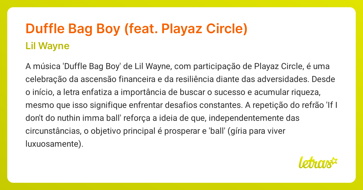 Significado da música Duffle Bag Boy (feat. Playaz Circle) (Lil Wayne ...