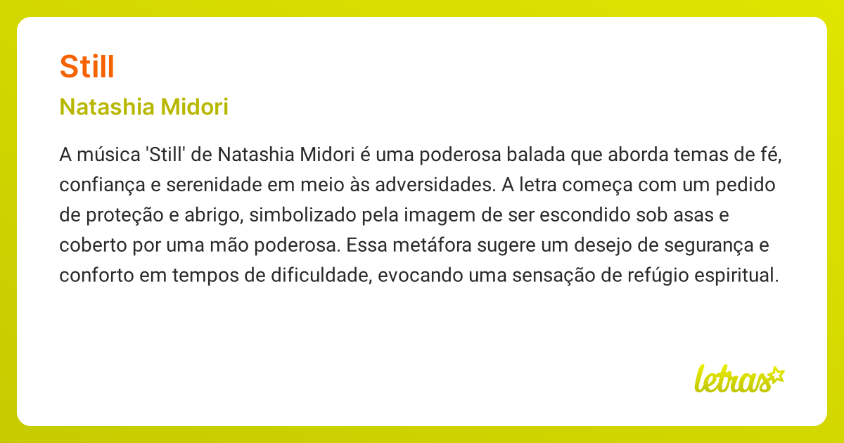 Significado da música STILL (Natashia Midori) - LETRAS.MUS.BR