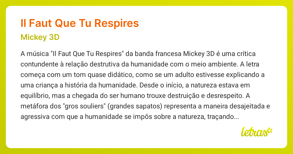 Significado da música IL FAUT QUE TU RESPIRES (Mickey 3D) - LETRAS.MUS.BR