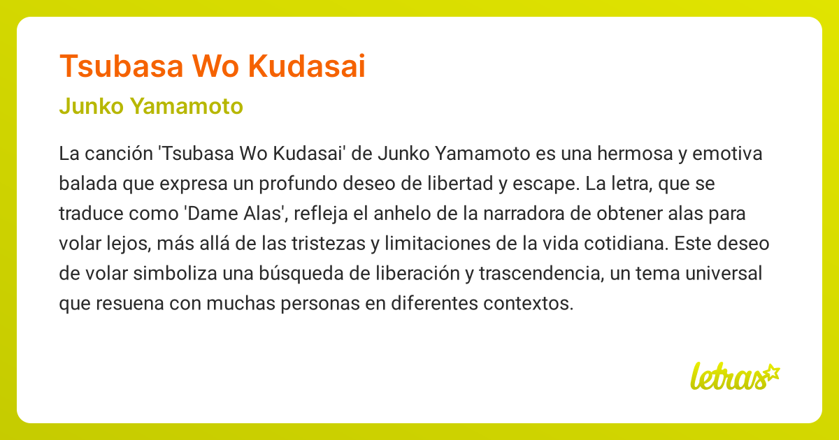Significado de la canción TSUBASA WO KUDASAI (Junko Yamamoto) - LETRAS.COM