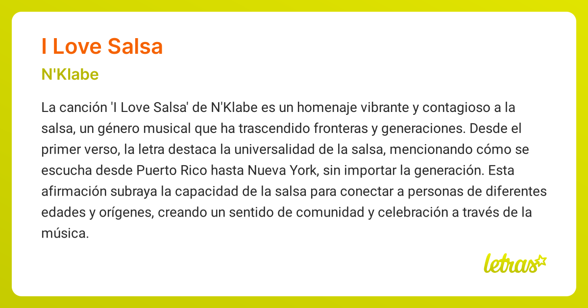 Significado de la canción I LOVE SALSA (N'Klabe) - LETRAS.COM