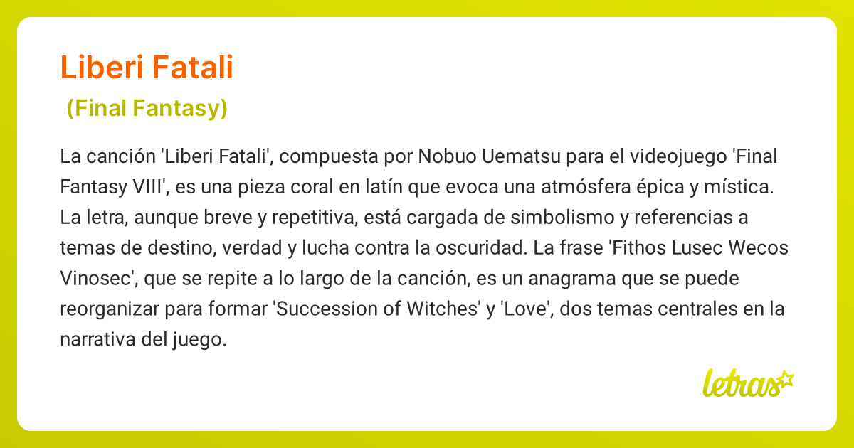 Significado de la canción LIBERI FATALI (ファイナルファンタジー (Final Fantasy ...