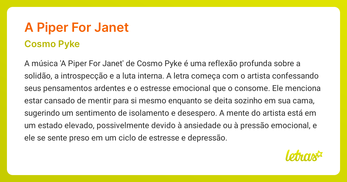 Significado da música A PIPER FOR JANET (Cosmo Pyke) - LETRAS.MUS.BR