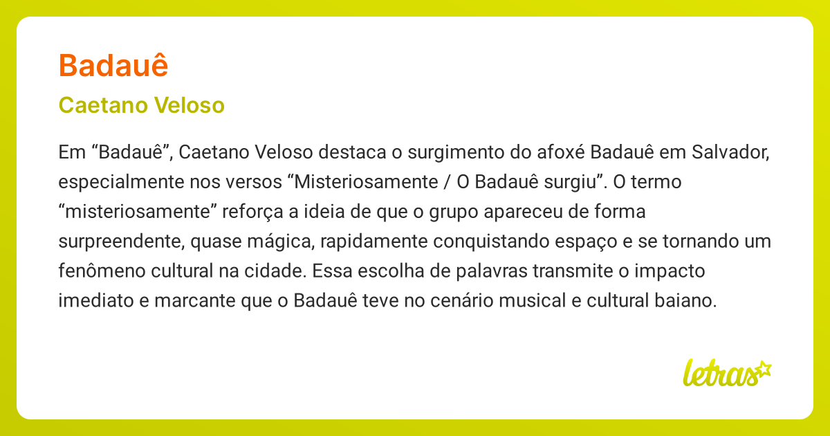Significado da música BADAUÊ (Caetano Veloso) - LETRAS.MUS.BR