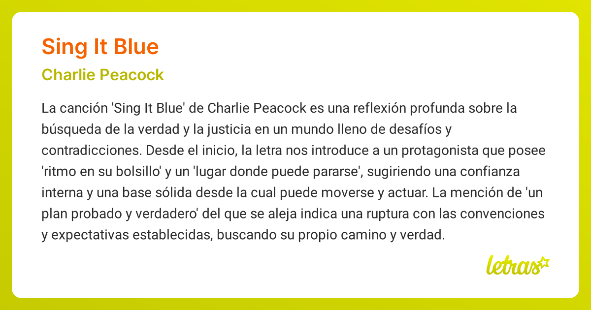 Significado de la canción SING IT BLUE (Charlie Peacock) - LETRAS.COM