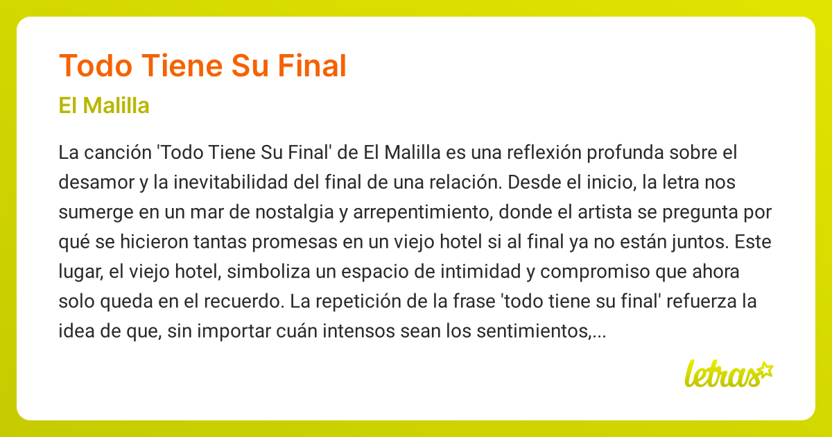 Significado de la canción TODO TIENE SU FINAL (El Malilla) - LETRAS.COM