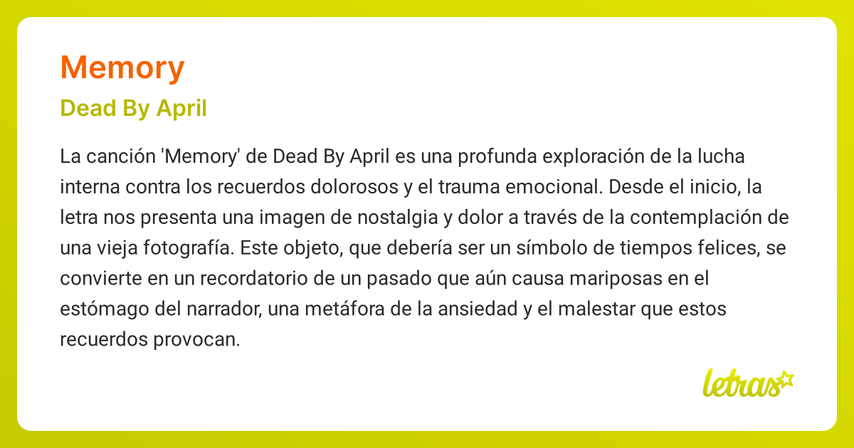 Significado de la canción MEMORY (Dead By April) - LETRAS.COM