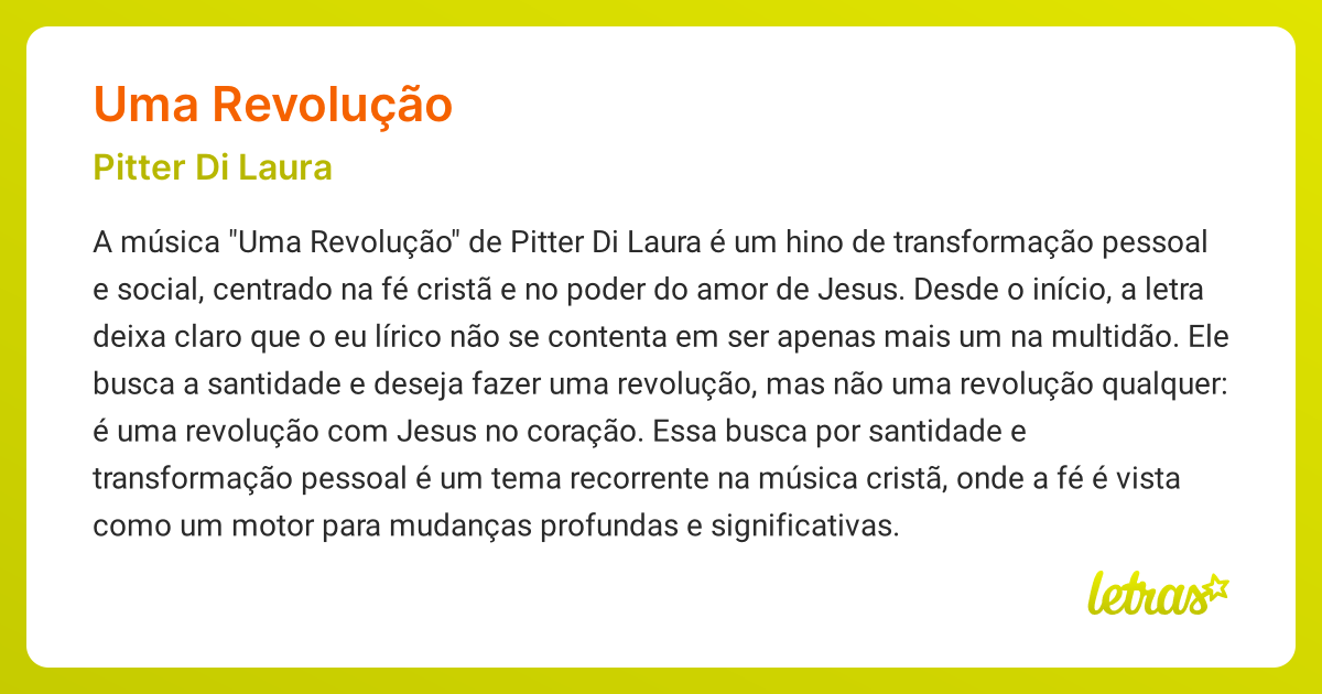 Significado da música UMA REVOLUÇÃO (Pitter Di Laura) - LETRAS.MUS.BR