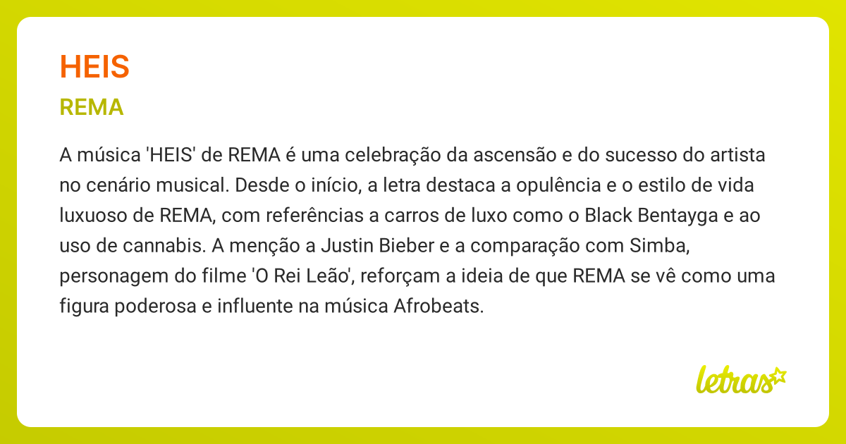 Significado da música HEIS (REMA) - LETRAS.MUS.BR