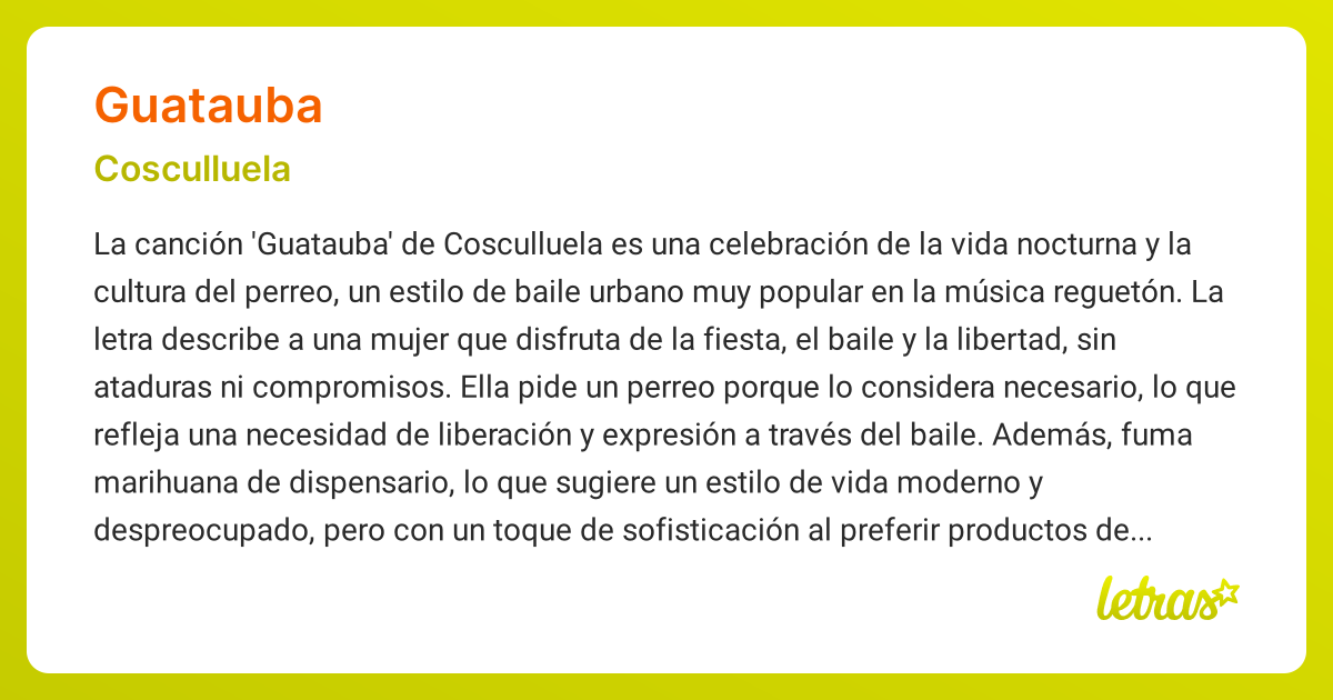 Significado de la canción GUATAUBA (Cosculluela) - LETRAS.COM