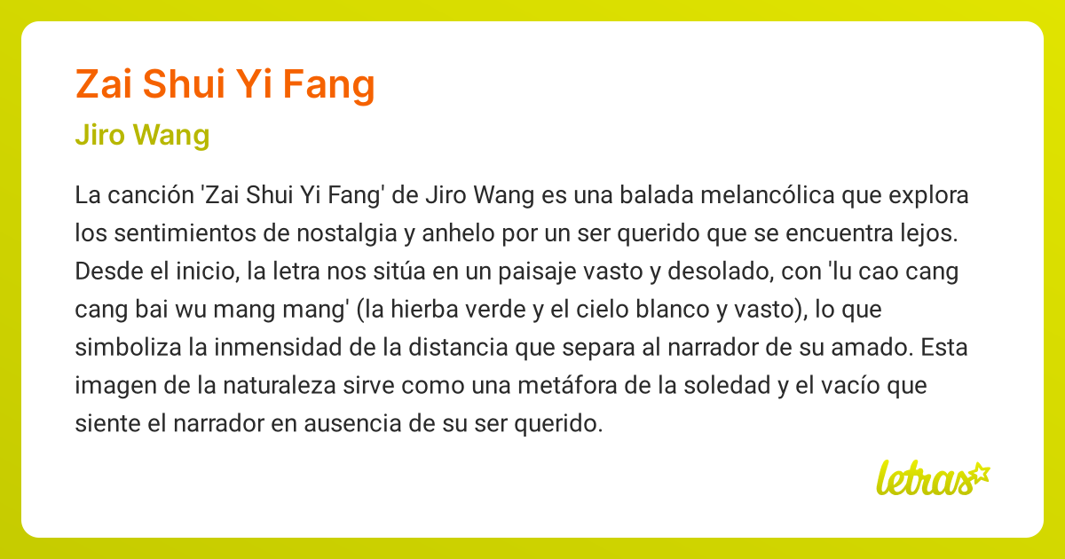 Significado de la canción ZAI SHUI YI FANG (Jiro Wang) - LETRAS.COM