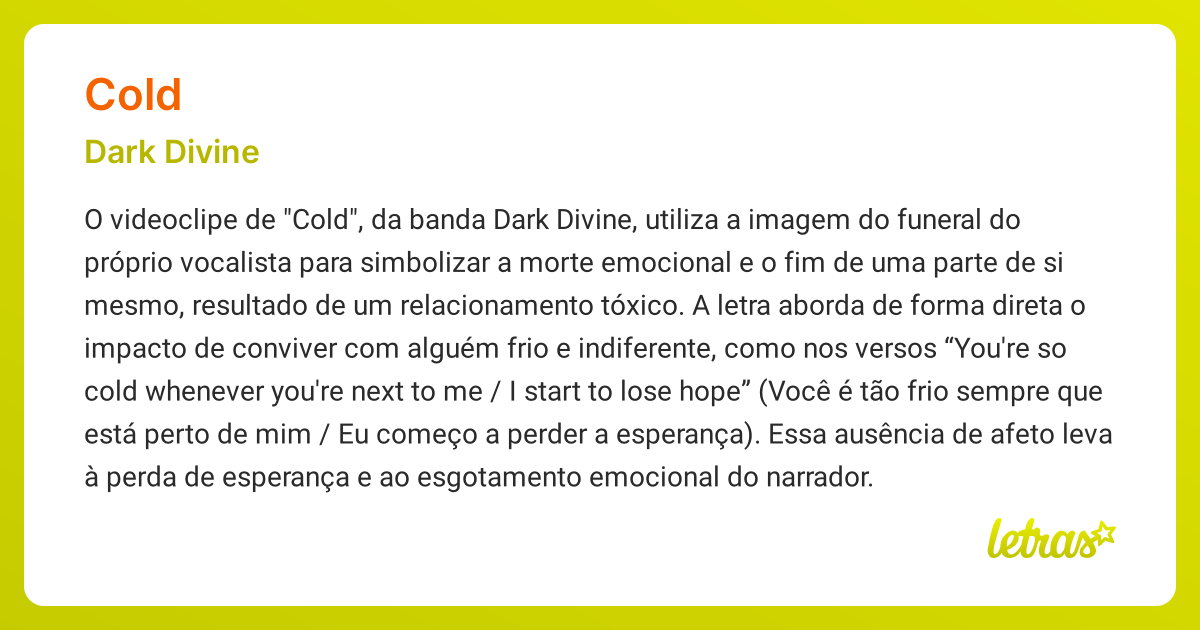 Significado da música COLD (Dark Divine) - LETRAS.MUS.BR