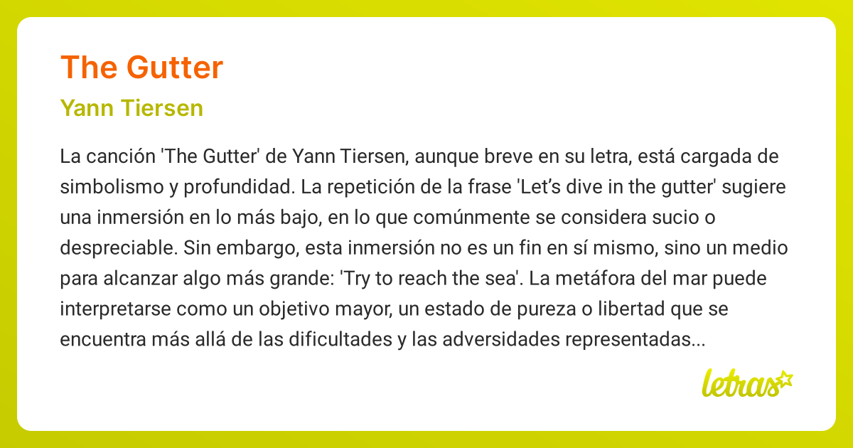 Significado de la canción THE GUTTER (Yann Tiersen) - LETRAS.COM