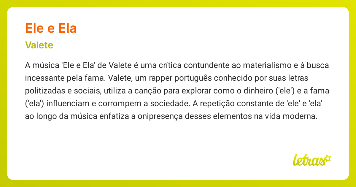 Significado da música ELE E ELA (Valete) - LETRAS.MUS.BR
