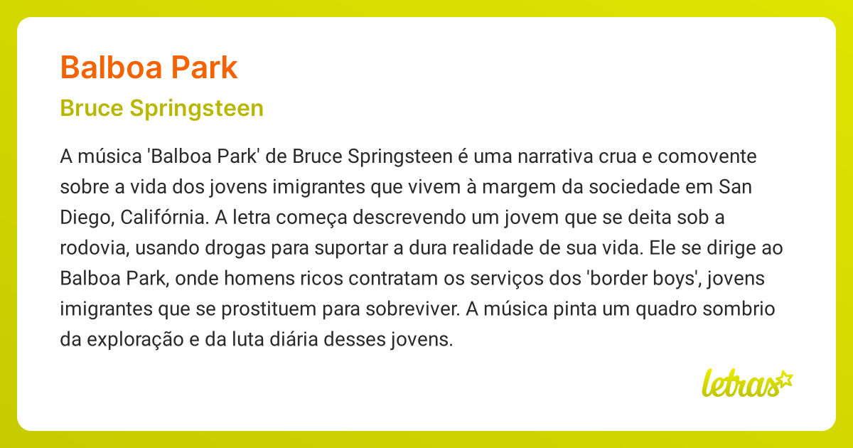 Significado da música BALBOA PARK (Bruce Springsteen) - LETRAS.MUS.BR