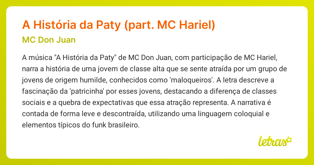 Significado da música A História da Paty (part. MC Hariel) (MC Don Juan ...