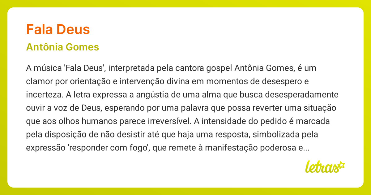 Significado da música FALA DEUS (Antônia Gomes) - LETRAS.MUS.BR