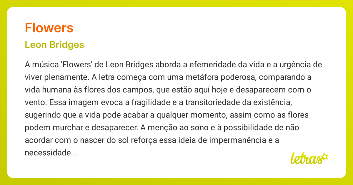 Significado da música FLOWERS (Leon Bridges) - LETRAS.MUS.BR