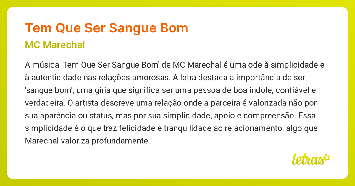Significado da música TEM QUE SER SANGUE BOM (MC Marechal) - LETRAS.MUS.BR