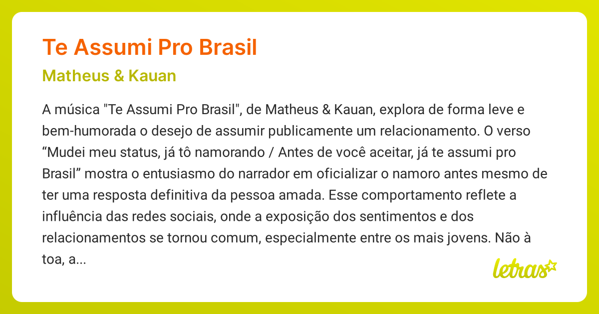 Significado da música TE ASSUMI PRO BRASIL (Matheus & Kauan) - LETRAS ...