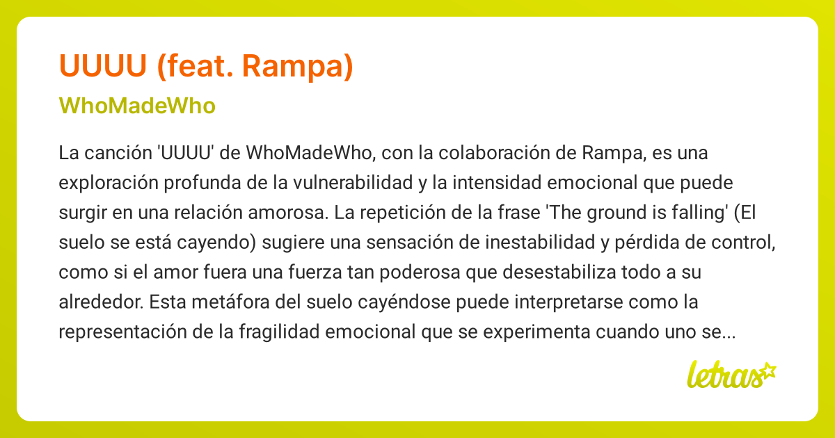 Significado de la canción UUUU (FEAT. RAMPA) (WhoMadeWho) - LETRAS.COM