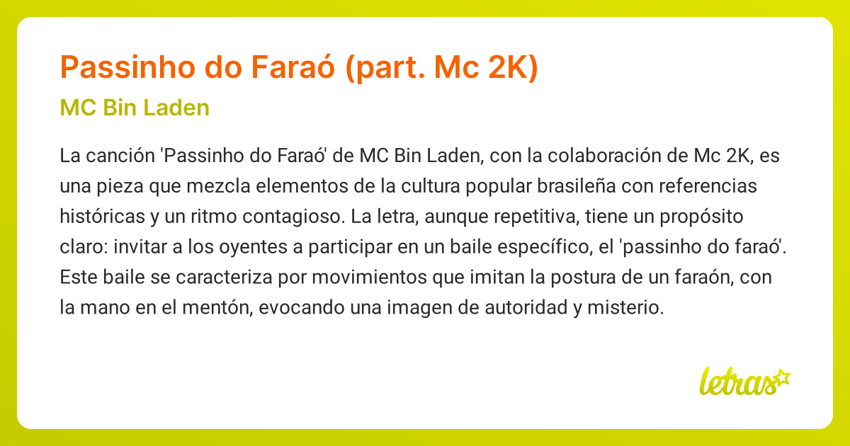 Significado de la canción Passinho do Faraó (part. Mc 2K) (MC Bin Laden ...