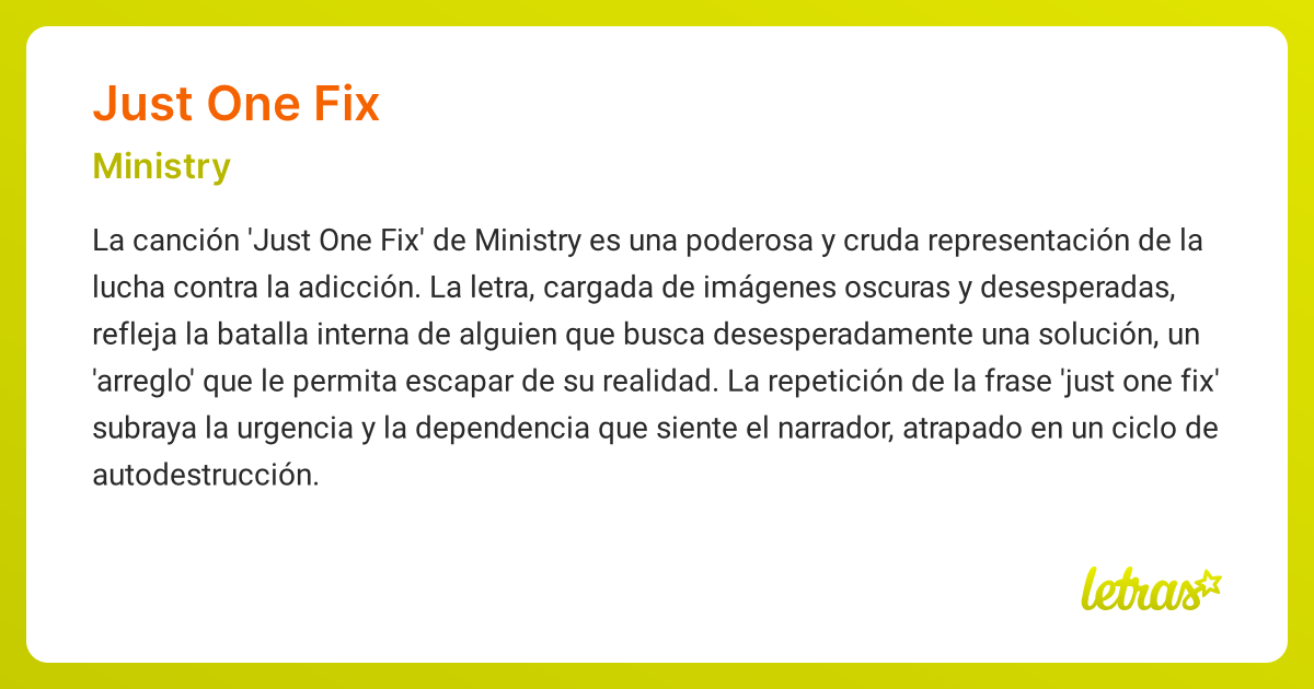 Significado de la canción JUST ONE FIX (Ministry) - LETRAS.COM
