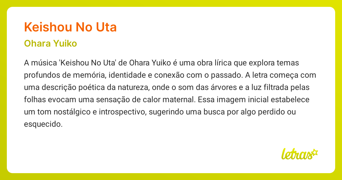 Significado da música KEISHOU NO UTA (Ohara Yuiko) - LETRAS.MUS.BR