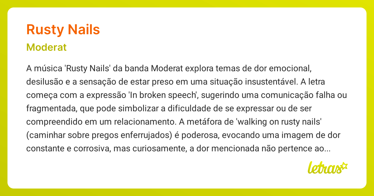 Significado da música RUSTY NAILS (Moderat) - LETRAS.MUS.BR