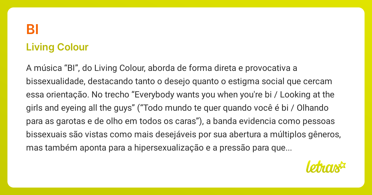 Significado da música BI (Living Colour) - LETRAS.MUS.BR
