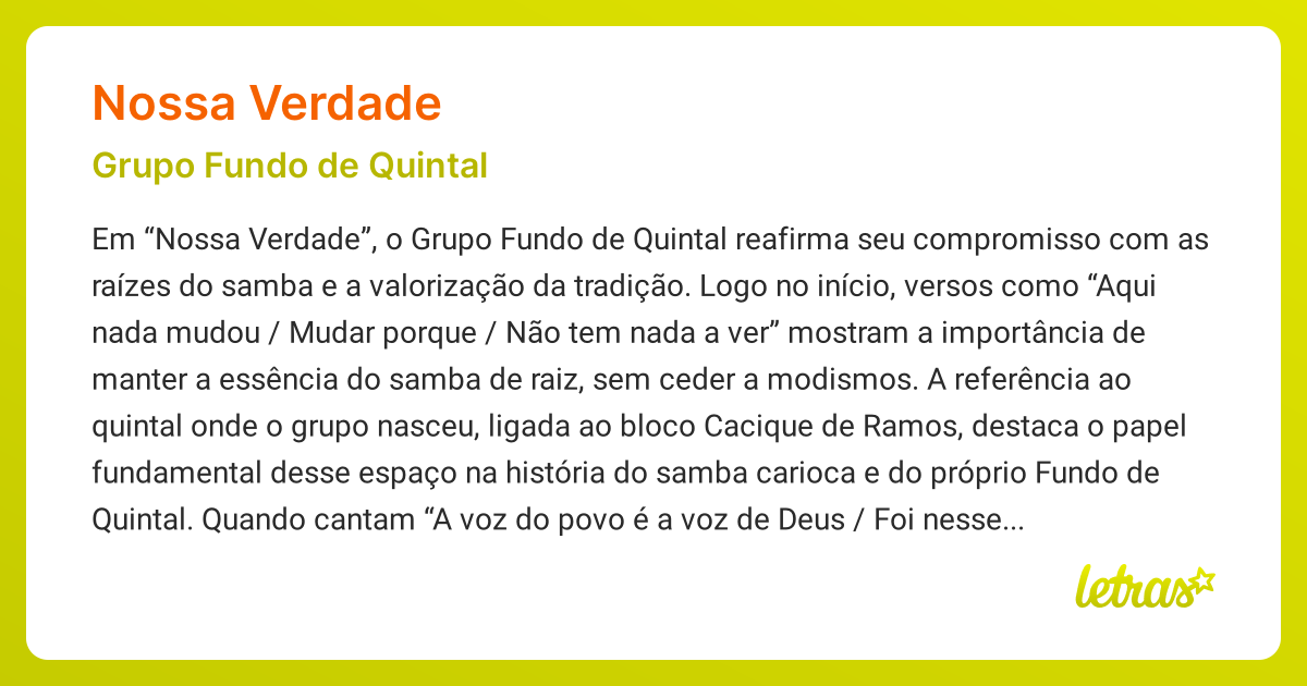 Significado da música NOSSA VERDADE (Grupo Fundo de Quintal) - LETRAS ...