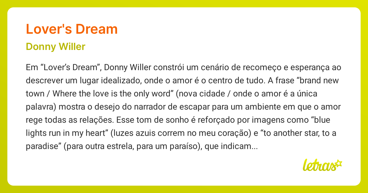 Significado da música LOVER'S DREAM (Donny Willer) - LETRAS.MUS.BR