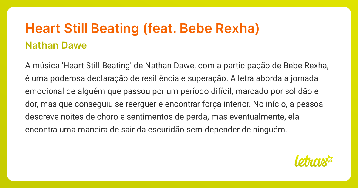 Significado da música Heart Still Beating (feat. Bebe Rexha) (Nathan ...