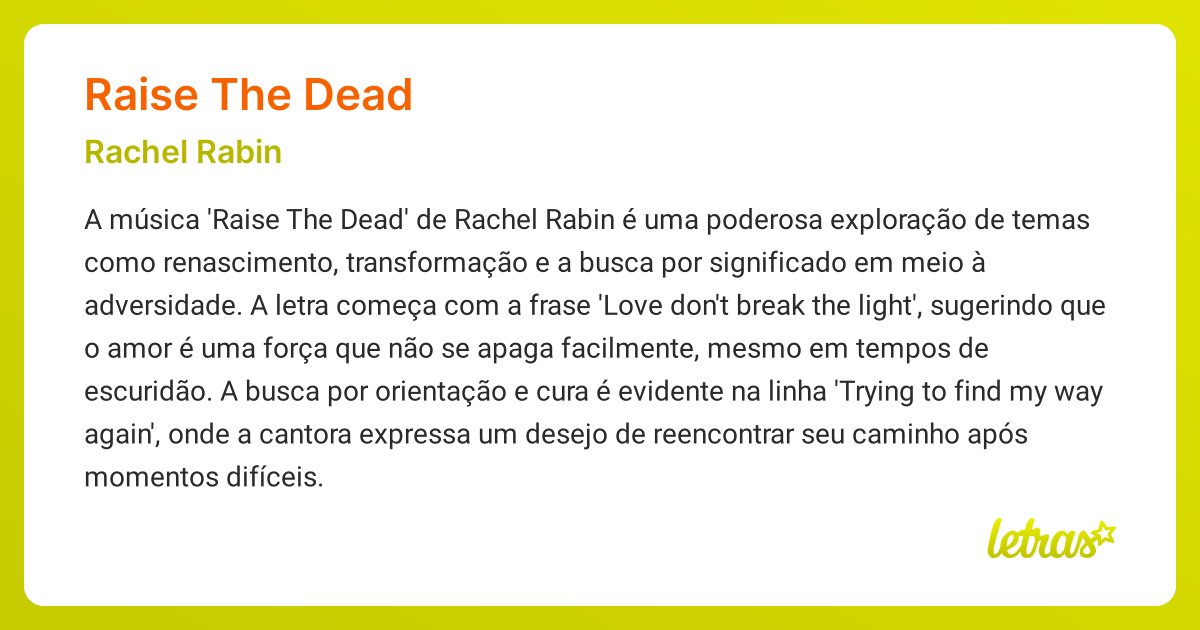Significado da música RAISE THE DEAD (Rachel Rabin) - LETRAS.MUS.BR