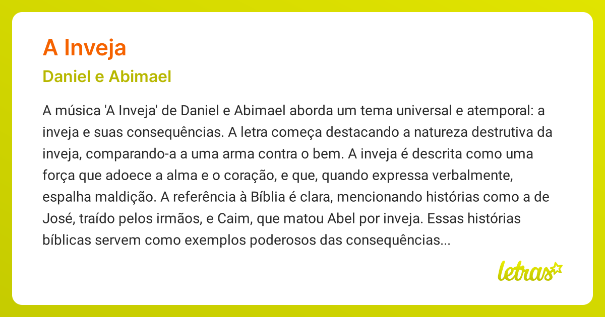 Significado da música A INVEJA (Daniel e Abimael) - LETRAS.MUS.BR