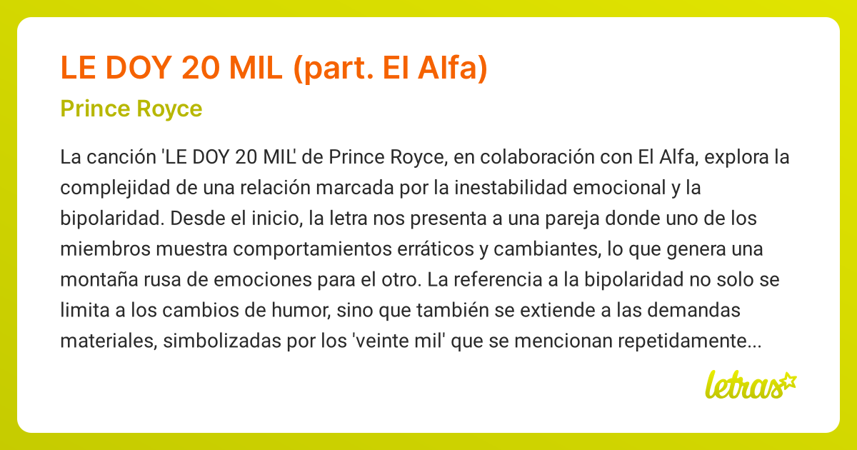 Significado de la canción LE DOY 20 MIL (PART. EL ALFA) (Prince Royce ...