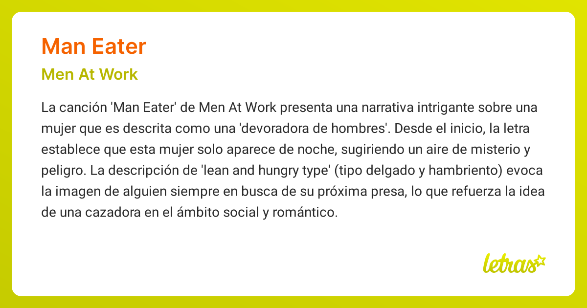 Significado de la canción MAN EATER (Men At Work) - LETRAS.COM