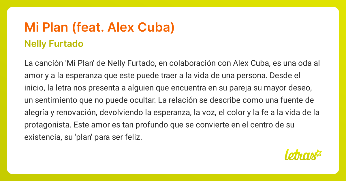 Significado de la canción MI PLAN (FEAT. ALEX CUBA) (Nelly Furtado ...