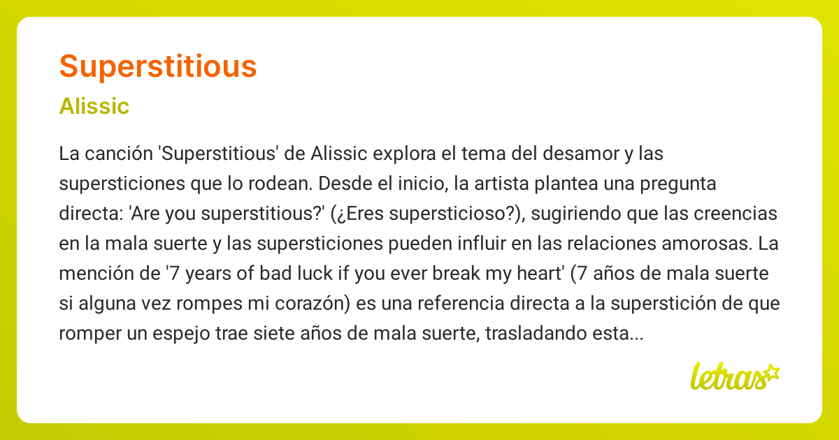 Significado de la canción SUPERSTITIOUS (Alissic) - LETRAS.COM