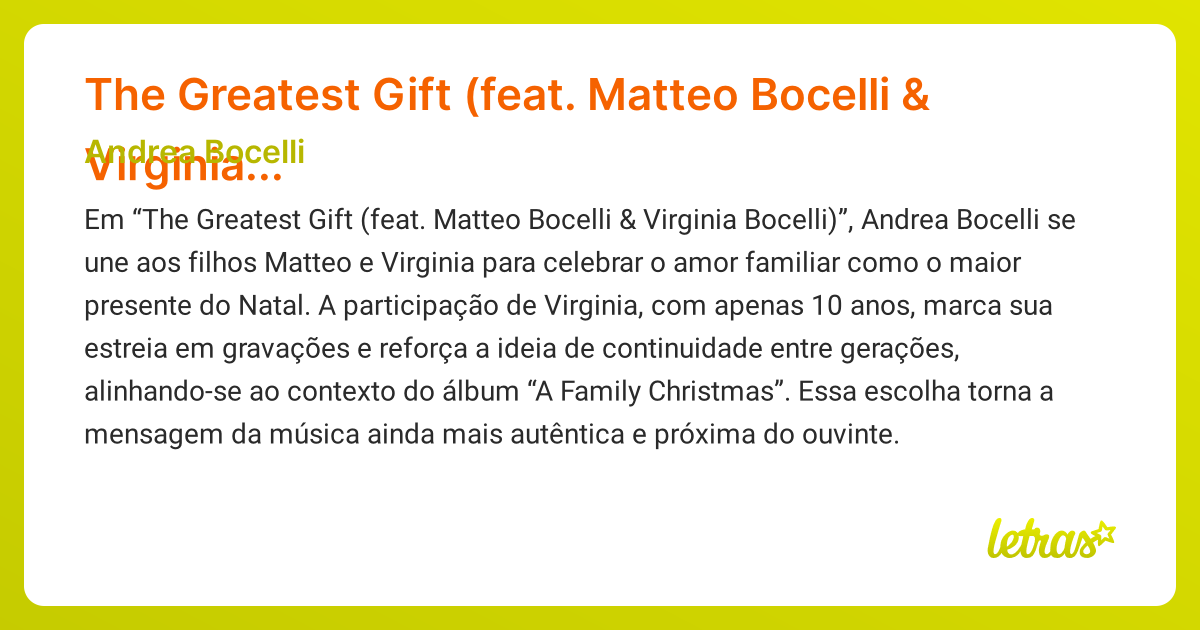Significado da música The Greatest Gift (feat. Matteo Bocelli ...