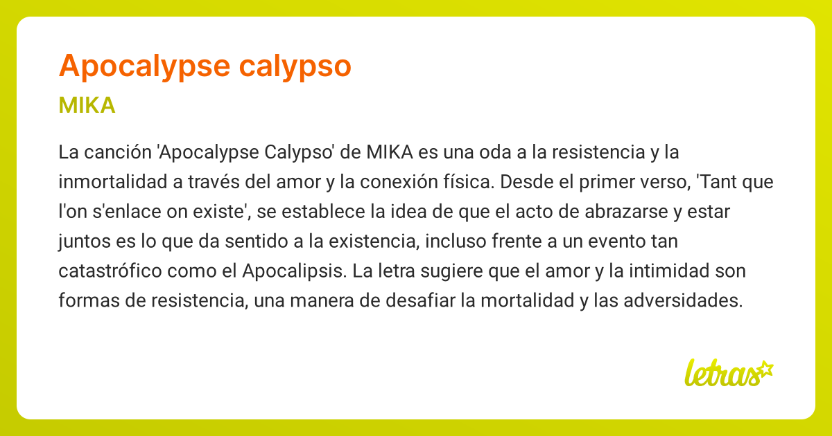 Significado de la canción APOCALYPSE CALYPSO (MIKA) - LETRAS.COM